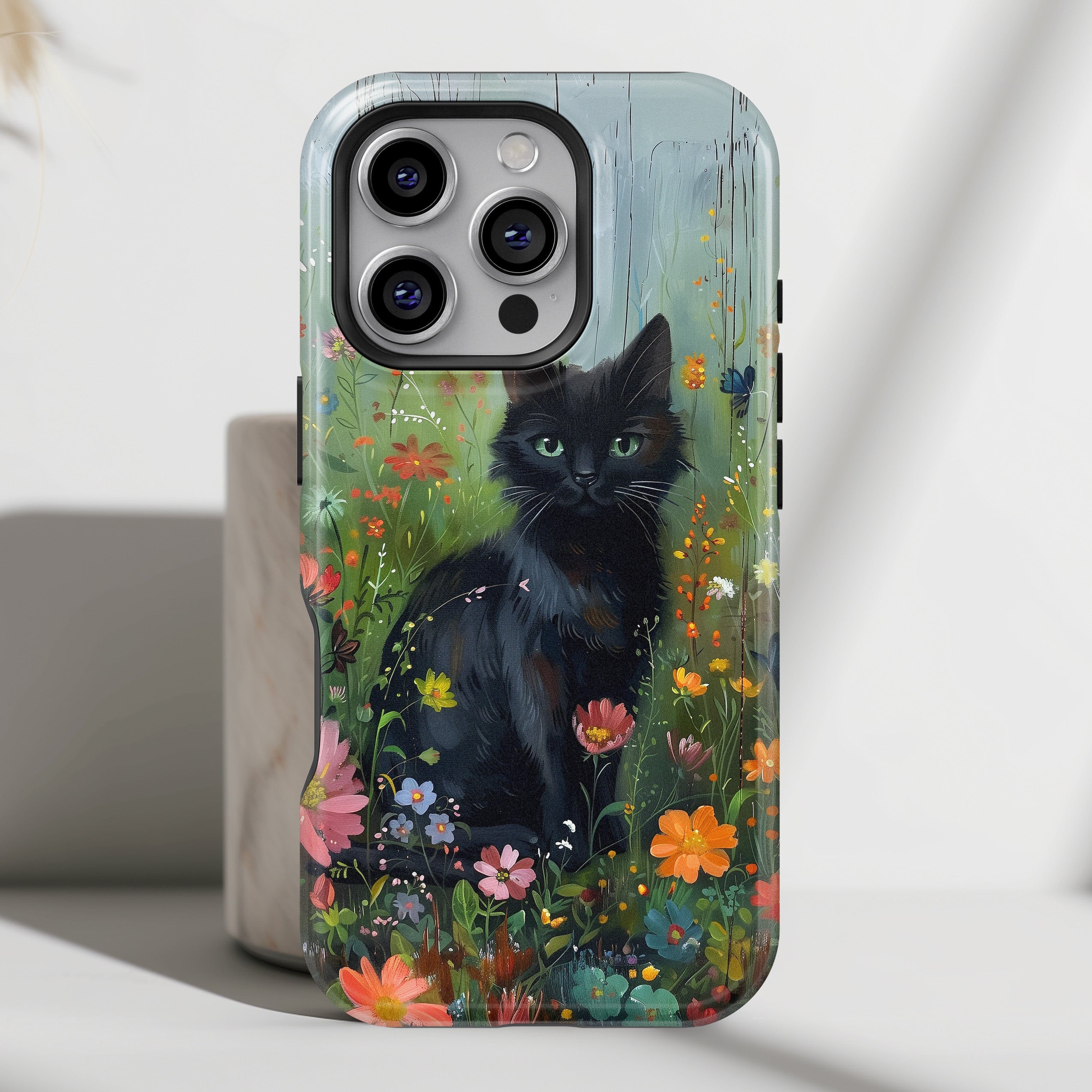 Cute Black Kitten in Flowery Garden Design iPhone Case – SigCase