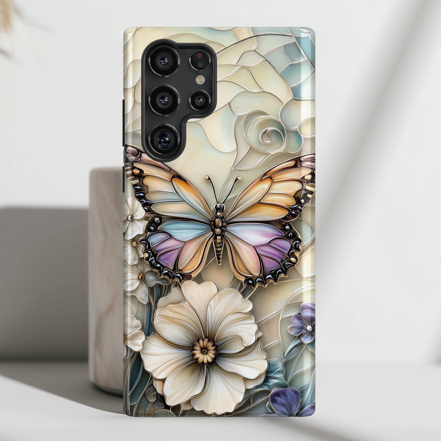 Elegant Butterfly & Flowers Stained Glass Design 2 Phone Case for Gala ...